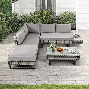 DWVO Patio Furniture Set, Sectional L-Shaped Sofa, for Patio Backyard Poolside Porch, Wicker Conversation Set with Coffee Table & Cushions, Detachable Lounger, All-Weather Rattan, Grey