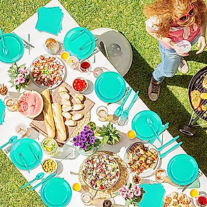 TWOWYHI 228PCS Teal Blue Party Supplies Set Include Paper Plates Cups Teal Blue Napkins Plastic Spoons Forks Knives for 30 Guests Disposable Party Dinnerware for Birthday Wedding Family Picnic