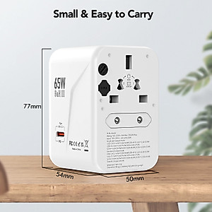 NASTIMA 65W Universal Travel Adapter Worldwide, 3USB-C PD & 2USB-A QC Travel Charger, GaN III Technology for Laptops Tablets Phones with UK,EU,AU,US Plugs (Type G/C/I/A)