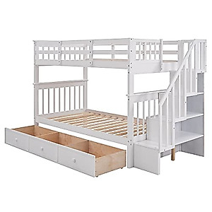 Harper & Bright Designs Twin Over Twin Bunk Bed with Stairs and Drawers, Solid Wood Stairway Bunk Bed with Storage for Kids Teens Adults, Bedroom, Dorm - White