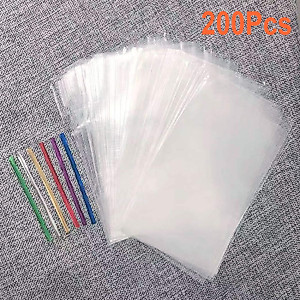 Cello Cellophane Treat Bags, 8 X 12 Inches Big OPP Clear Plastic Bags For Bakery, Popcorn, Cookies, Candies, Dessert with 6 Colors Twist Ties(100 Pieces Bags + 100 Pieces Twist Ties) (100, 8 X 12)
