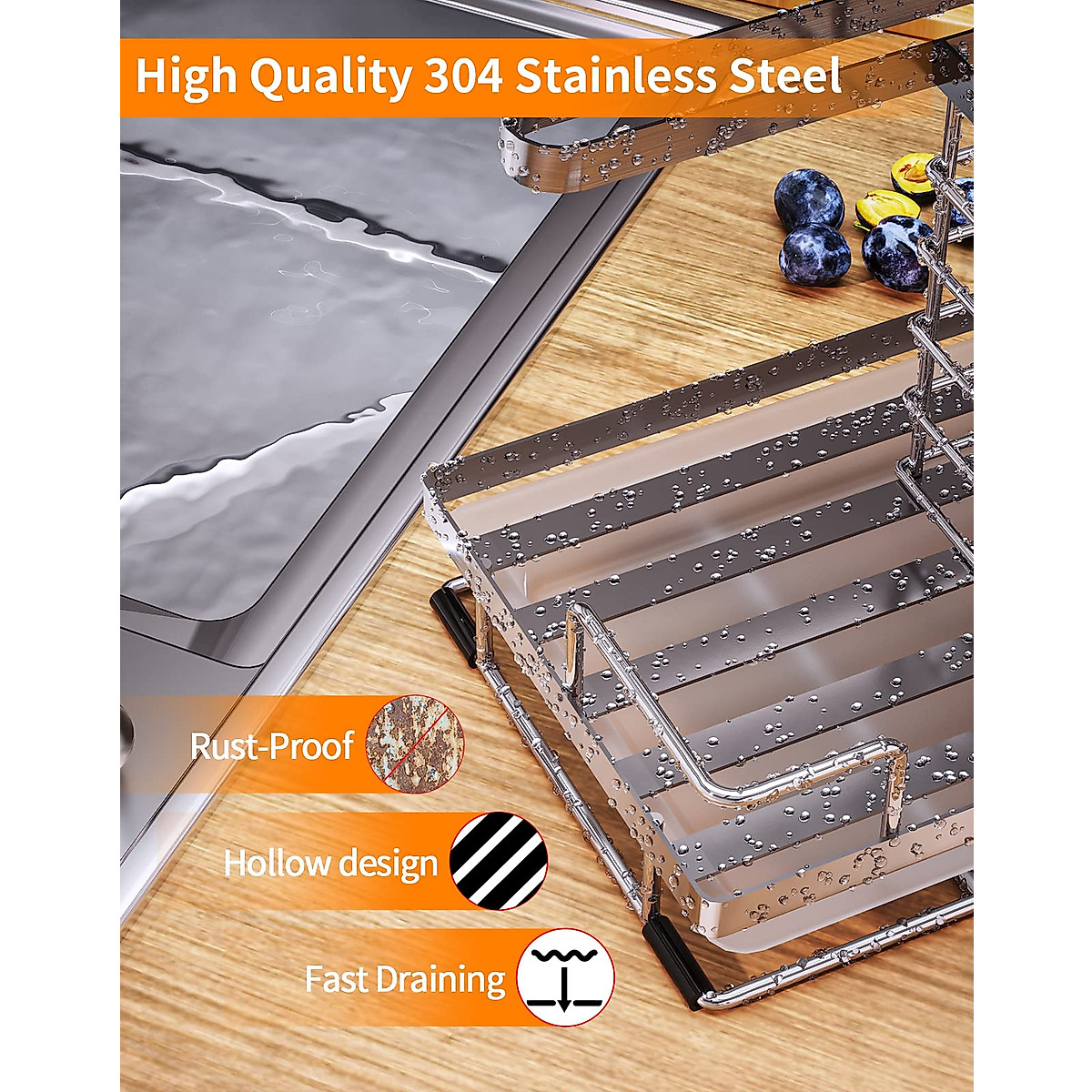 SWTYMIKI Kitchen Sink Caddy Organizer with Dishcloth Holder, Rustproof Stainless Steel Sponge Holder with Removable Drain Tray, Sink Rack Holds Sponge, Dishcloth and Brush in Silver