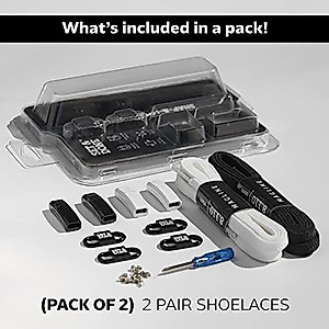 Set & Done 2 Pair Flat Elastic No Tie Shoe Laces for Sneakers, Adults & Kids with Tieless Smart Magnetic Locks (Black + White)