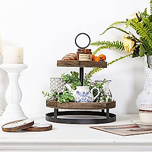 SOFFEE DESIGN 2 Tiered Serving Tray, Wood Cake Stand with Metal Handle, Rustic Farmhouse Easter Tiered Serving Tray, Tabletop Display Food Fruits Afternoon Tea Cupcake Organizer for Home Office