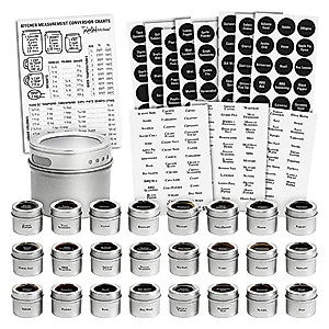 Talented Kitchen 24 Magnetic Spice Jars for Refrigerator, Seasoning Containers with Sift-and-Pour Lids, 269 Preprinted Seasoning Labels, 2 Styles, for 3oz Herb Tins