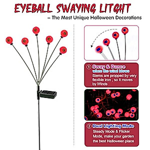 TONULAX Halloween Decorations Outdoor, 2 Pack Upgraded Solar Scary Eyeball Lights with Dual Lighting Modes, Swaying Firefly Lights, Solar Pathway Light for Yard, Garden,Yard Decor, Party (Red)
