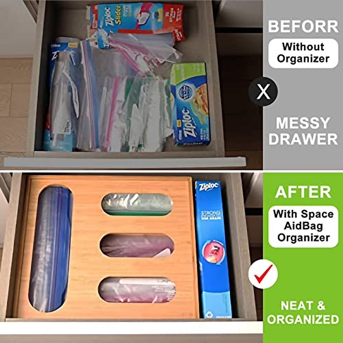Emuardoe Sandwich Bag Storage Organizer Bamboo Food Bag Container Organizer for Kitchen Drawer Compatible with Food Packaging Bag