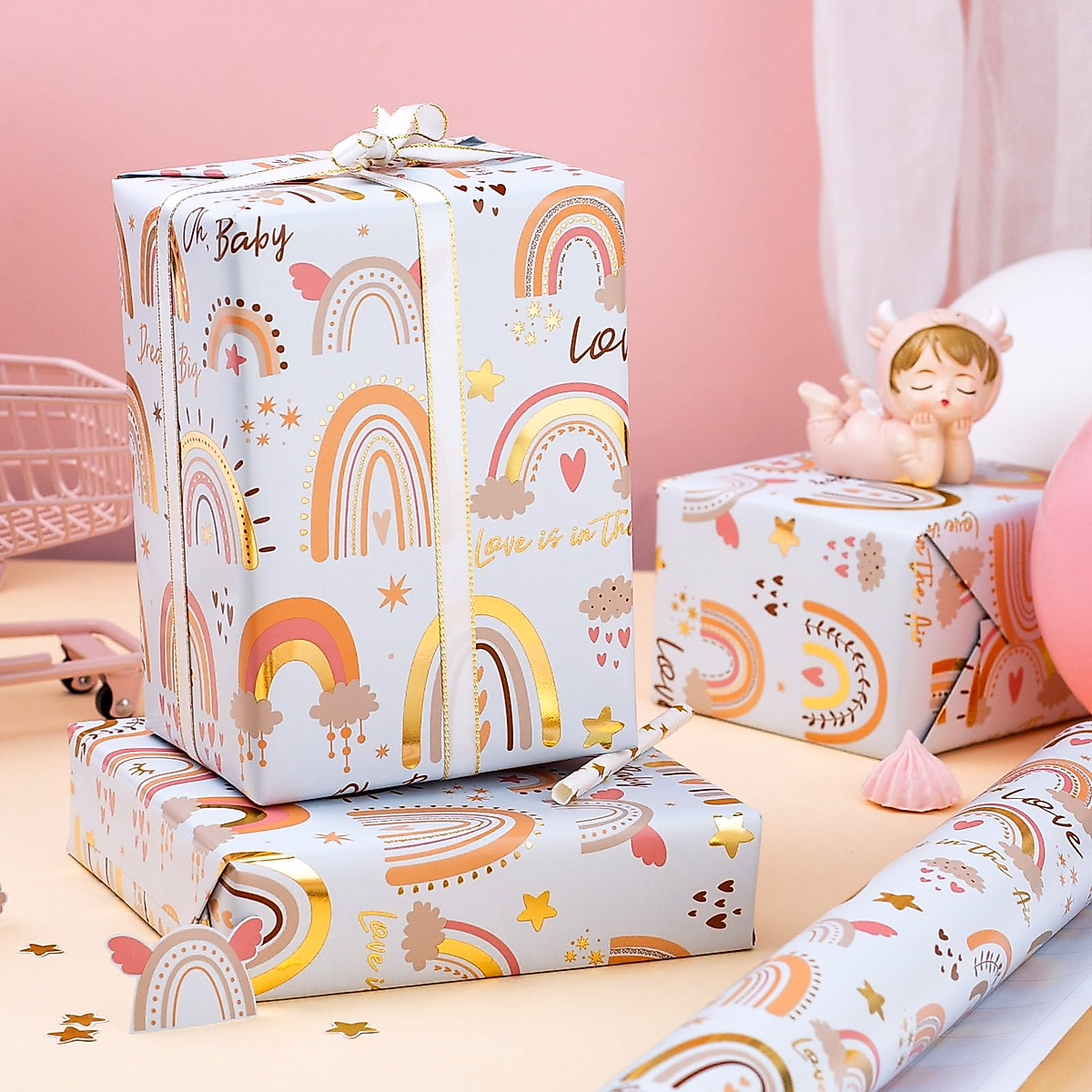 Afucus Boho Rainbow Wrapping Paper, Gold Foil Rainbow, Clouds, Hearts and Stars Themed Gift Wrap Paper, Cute Mini Rolls for Birthday, Baby Shower, Boy, Girl, Kids (17 Inch X 33 Feet)