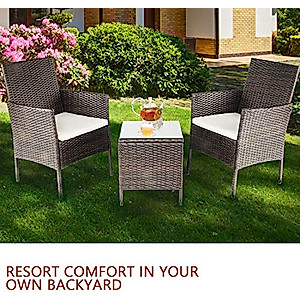 Cemeon 3-Piece Patio Bistro Set Outdoor Conversation Set, Brown Wicker Porch Chairs Set Garden Furniture with Coffee Table (Beige Cushion)