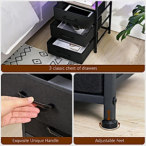 LOAKEKEL Nightstands Set of 2, Large End Tables Living Room, Bed Side Tables with Charging Station, 24.7" Tall Night Stand with 3 Fabric Drawers and LED Light Strip for Bedroom HNS013GY