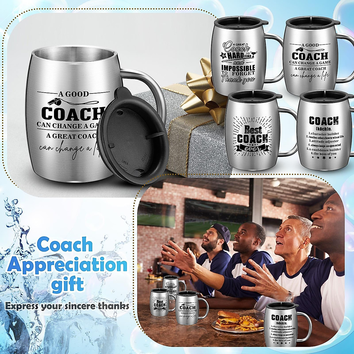 Vesici 4 Pcs Coach Appreciation Gifts 16 oz Insulated Travel Coach Mug Stainless Steel Coffee Tumbler Double Wall Cup for Men Women Soccer Football Basketball Thank You Gifts(Silver)