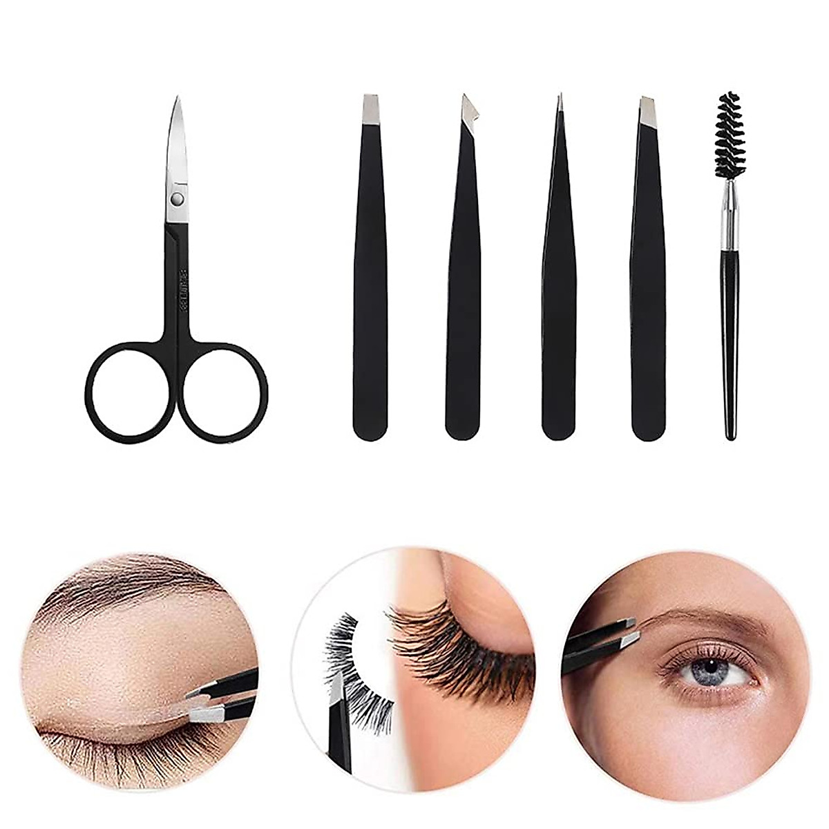 Tweezers for women Pinkiou 6 Pieces Eyebrow Tweezers Set with Curved Scissors,Eyelash Brush,Great Precision tweezer for Eyebrow,Ingrown Hair,Facial Hair Removal,eyebrow kits with Leather Travel Case