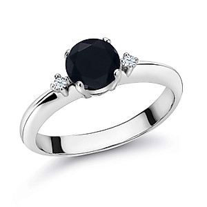 Gem Stone King 925 Sterling Silver Black Onyx and White Created Sapphire Women 3-Stone Engagement Ring (0.83 Ct Round, Gemstone Birthstone, Available in size 5, 6, 7, 8, 9)