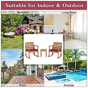 Kinsunny 3 Piece Wood Patio Bistro Rocking Chairs Outdoor Chat Wooden Rocker Conversation Set with Cushions and End Table for Garden, Pool, Backyard
