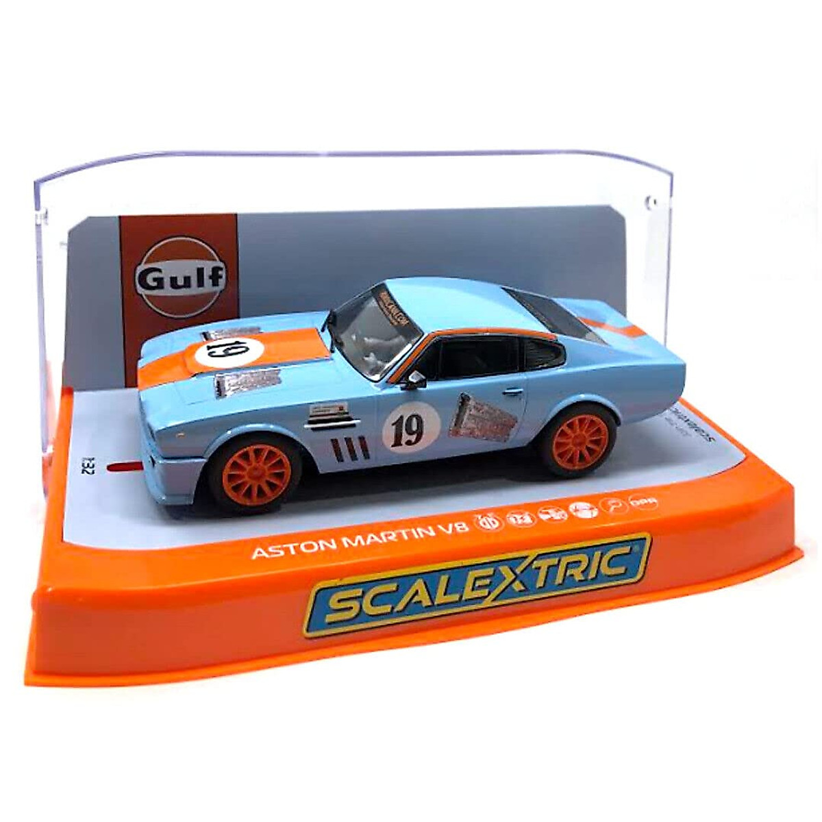 Scalextric Aston Martin V8 Gulf #19 Rikki Cann Racing 1:32 Slot Race Car C4209, Light Blue & Orange