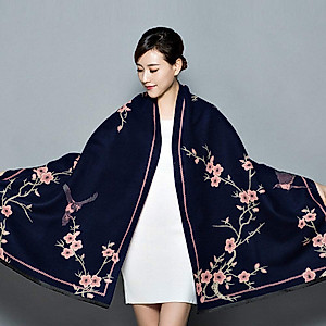 Scarfs,Women's Autumn Winter Cold-Proof Scarf Retro Navy Blue Plum Branch Flower Bird Jacquard Ethnic Warm Soft Cashmere Touch Scarf Thick Blanket Wedding Prom Party Shawl Scarf