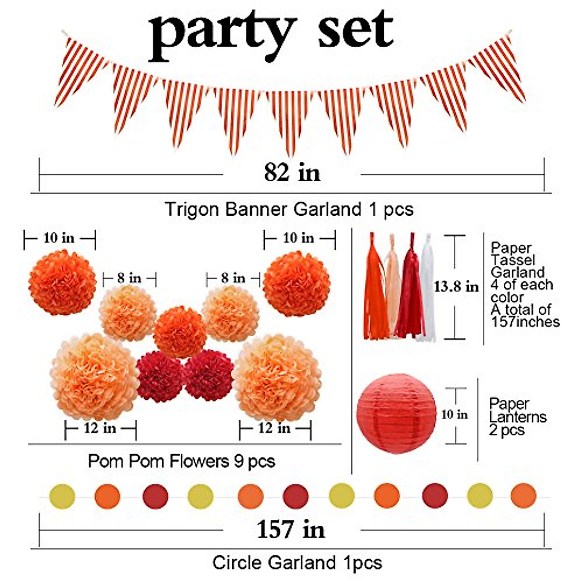 33pcs Party Decorations Supplies Set, Paper Lanterns Tissue Pom Poms Flowers Tassels Hanging Garland Banner Triangle Flag Bunting for Birthday, Baby Shower, Wedding Graduation Events (Orange, Red)