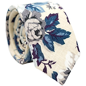 BELLUNO Floral Skinny Tie for Men, Slim Flower Tie for Wedding, Activities, Gift Box-Beige Blue