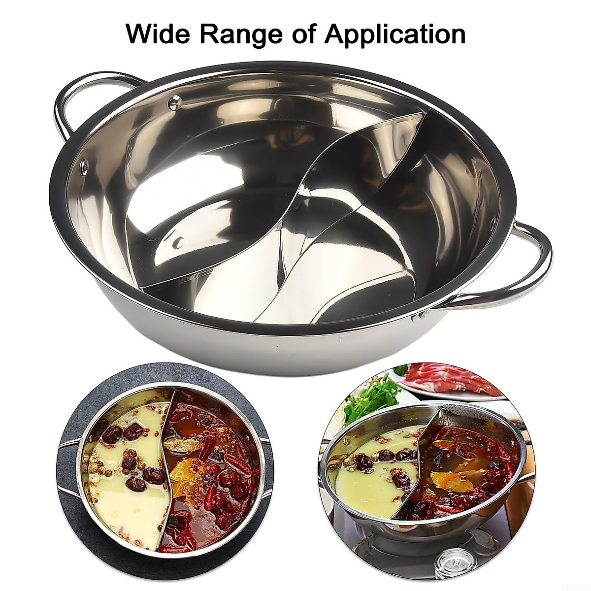 Hot Pot 28cm Stainless Steel Shabu Hot Pot Twin Divided Cookware for Induction Cooktop Gas Stove(28cm)