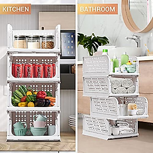 ELUCHANG Stackable Closet Organizers and Storage 16.93in 4 Packs Foldable Closet Organizer Drawers Shelves Collapsible Wardrobe Clothes Storage Bins Organization for Bedroom Bathroom Kitchen