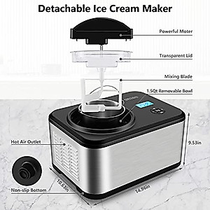 KUMIO 1.5 Quart Ice Cream Maker with Compressor, No Pre-Freezing, 4 Modes Ice Cream Maker Machine with LCD Display, Timer, Automatic Gelato & Yogurt Machine, Stainless Steel