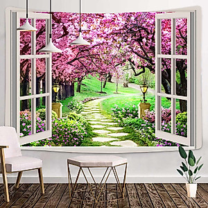 Japanese Cherry Blossom Window Tapestry Tree Forest Path Pink Flowers Window Tapestry Botanical Floral Natural Landscape Aesthetic Tapestry for Living Room Bedroom Nursery Home Decor 60x40Inches