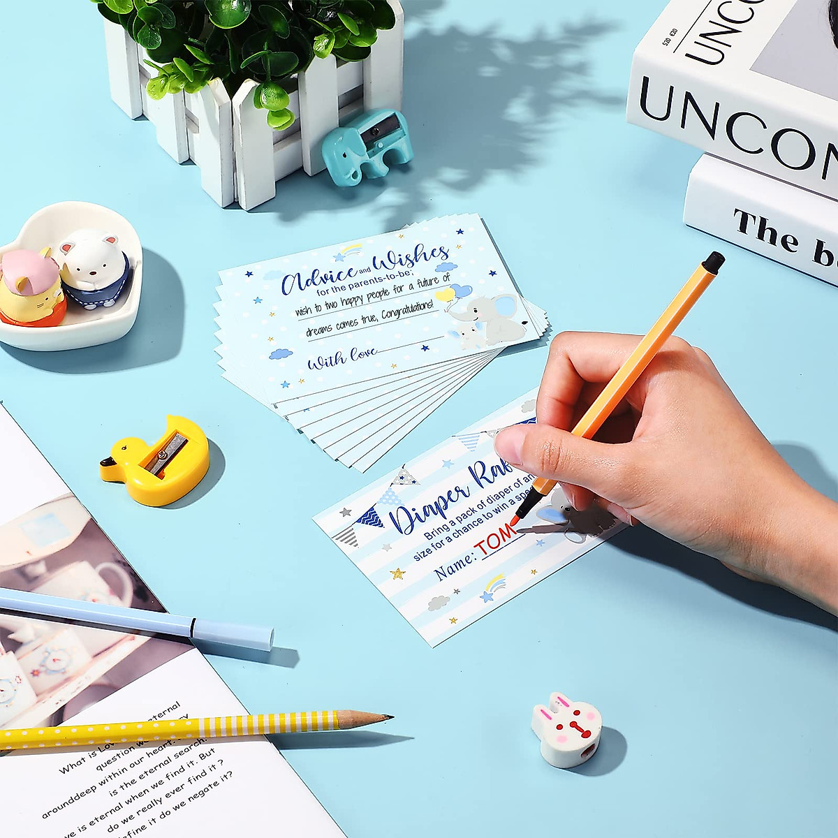 Yisong 50 Blue Elephant Diaper Raffle Tickets with Box for Baby Shower Invitations Baby Boy Elephant Themed Double Sided Card Baby Shower Birthday Decorations Gender Neutral Tickets Insert Card