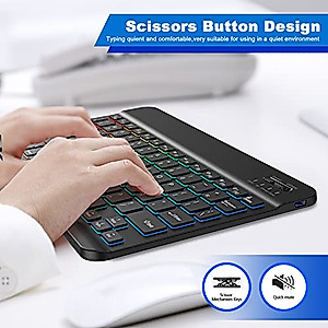 Ultra-Slim Wireless Bluetooth Keyboard, Upgrade 7 Colors Rainbow Backlit Rechargeable Keyboard, Universal Mini Portable Keyboard for iPad Mac Samsung Tablets Phones Computer Laptops PC, Black