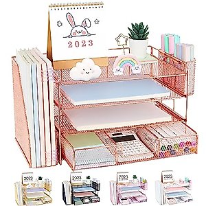 OPNICE Desk Organizers and Accessories, Paper Letter Tray Organizer with 2 Pen Holders and File Holder, File Organizer and Storage, 4-Tier Office Desk Accessories for Office Supplies(Rose Gold)