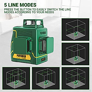 Laser Level 3D & 3 x 360°, Line Laser Green POPOMAN, USB Rechargeable, Self Leveling and Pulse Mode, Magnetic Pivoting Base, Auxiliary Supporting Bracket, Carrying Case Include - MTM350B