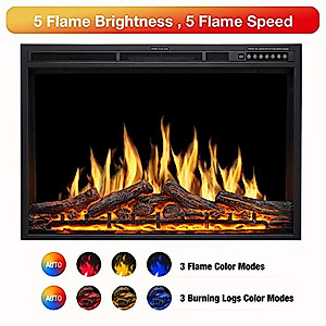 R.W.FLAME Electric Fireplace Insert 37Inch with Adjuatble Flame Colors, Log Colors, Flame Speed and Brightness, Remote Control, 750W/1500W