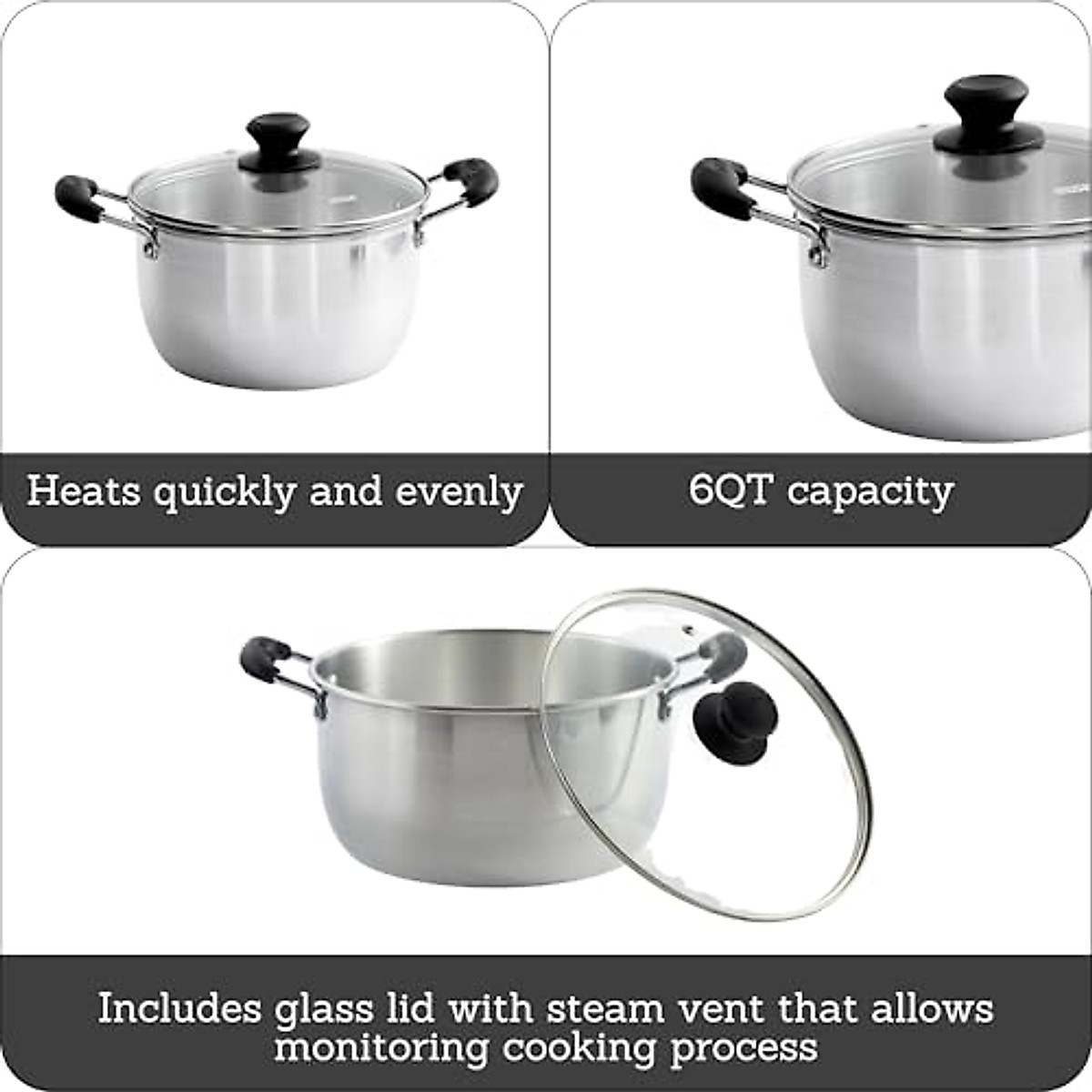 Imusa Aluminum USA Pot with Glass Lid and Bakelite Handle 4-Quart