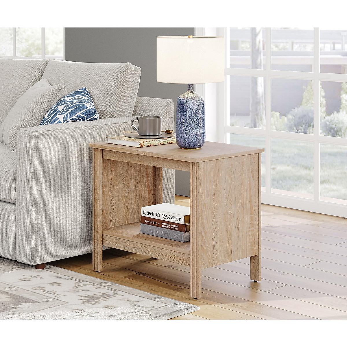 WAMPAT Nightstand Set of 2, Small Square End Tables for Living Room, 2-Tier Kids Bedside Table with Storage and Open Wood Shelf, 20 Inch Modern Side Table for Bedroom,Office,Oak