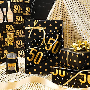 LeZakaa Reversible Wrapping Paper Roll - 50" Lettering Design with Metallic Foil in Black for Birthday, Wedding Anniversary - 17 inches x 32.8 Feet (46.45 sq.ft.)