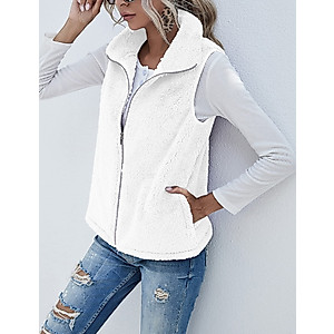 Women's Casual Sherpa Fleece Fuzzy Vest Jacket Sleeveless Zip Up Lined Stand Collar Lightweight Warm Waistcoat with Pockets White L