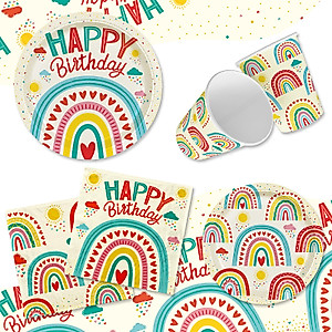 Retro Rainbow Themed Happy Birthday Party Supplies Set - Vibrant Disposable Paper Plates, Cups, Napkins, Tablecloth & Birthday Banner - Fun & Colorful Design for Boys/Girls - For 25 Guests