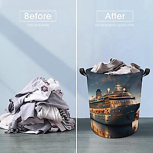 Ocean Wave Laundry Basket, Ocean Ship Collapsible Laundry Hamper, Waterproof Oxford Cloth Laundry Bag with Handles, Cruise Ship Clothes Toy Organizer Basket for Room