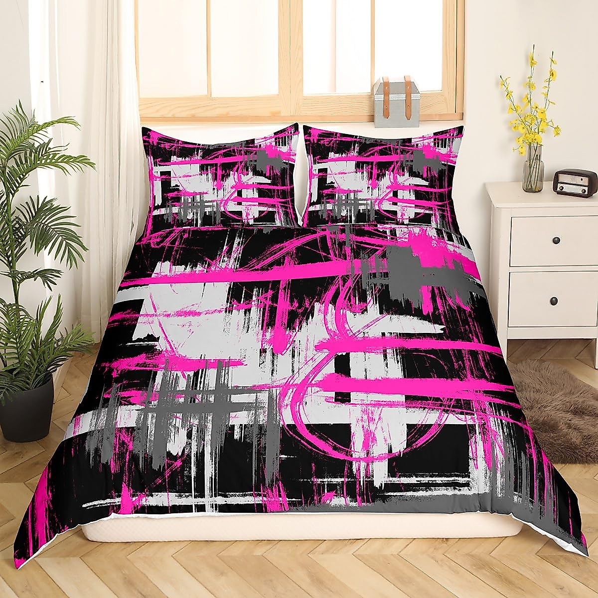 Feelyou Hot Pink Black Grey Bedding Set Queen Size Kids Abstract Art Comforter Cover Set for Boys Teens Modern Striped Art Duvet Cover Breathable Geometric Bedspread Cover Room Decor Quilt Cover