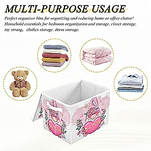 DOMIKING Valentine Gnome Heart Large Storage Bin with Lid Collapsible Shelf Baskets Box with Handles Toys Organizer for Nursery Drawer Shelves Cabinet