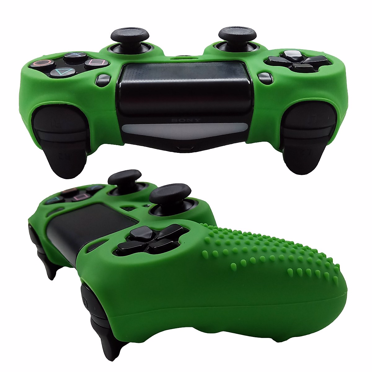 PS4 Controller Grips,Pandaren Studded Anti-Slip Silicone Cover Skin Set Compatible for PS4 /Slim/PRO Controller(Green Controller Skin x 1 + FPS PRO Thumb Grips x 8)