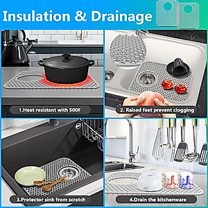 YUBIRD Sink Protectors for Kitchen Sink -13.58"x 11.6" Sink Mat, 2 PCS Silicone Kitchen Sink Mat for Bottom of Stainless Steel Sink(Grey, Rear Drain)