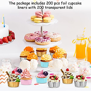 Thenshop 200 Pcs Mini Aluminum Pans with Lids, 5 oz Foil Cupcake Liners Disposable Creme Brulee Ramekins Dessert Custard Cup Cake Pie Pans Container Cheesecake Muffin Tins for Wedding Birthday Party