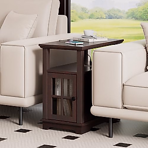 HIFYOBRO End Table with Fast Charging Station, Side Table on Wheels, Storage End Table with Electric Fireplace, Suitable for Living Room Bedroom (Espresso)