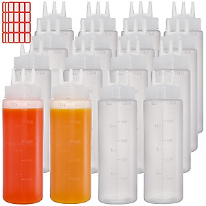 SOUJOY 16 Pack Condiment Squeeze Bottle, 16 Oz 3-Hole Kitchen Ketchup Squirt Bottle with Nozzle Tip and Label, Plastic Dispenser Container for Sauces, Paint, Oil, Salad Dressings, Arts and Crafts