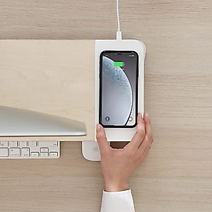 POUT E6 White Wood Desk Monitor Computer Stand Riser Shelf + Qi Fast Wireless Charging Charger Pad Mat for Laptop, Apple, iMac, PC, iPhone, Samsung Galaxy, Airpod 2, Buds