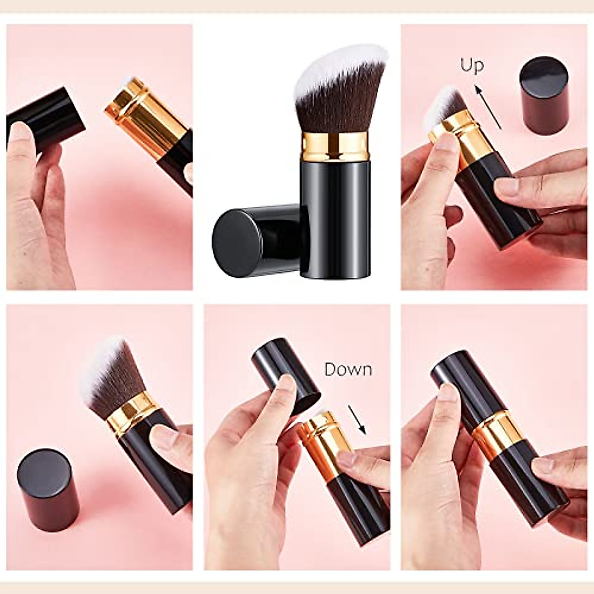 2 Piece Retractable Kabuki Brush Angled Foundation Makeup Brushes Portable Travel Flat Top Bronzer Blush Brush with Cover for Blush Bronzer, Buffing Loose Powder Cream or Liquid Cosmetics