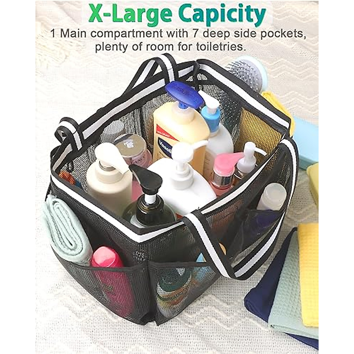 fiezkaa Mesh Shower Caddy Portable Shower Bag for College Dorm Camping Travel Gym(Black)