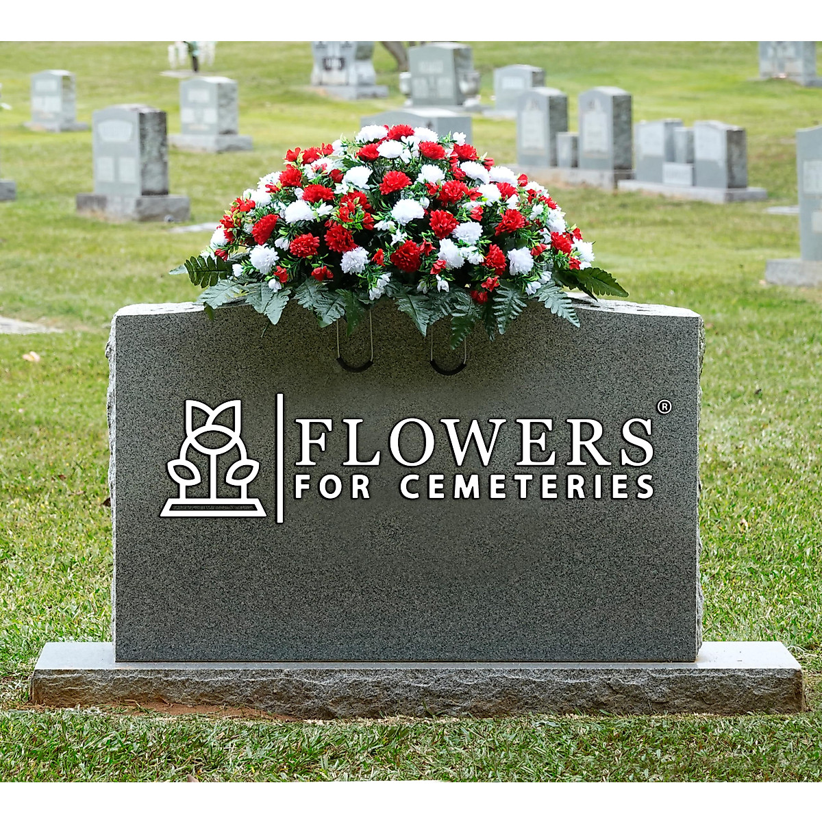 Sympathy Silks Artificial Cemetery Flowers - Grave Decorations Winter Memorial - Christmas Red and White Mums Saddle for Headstone