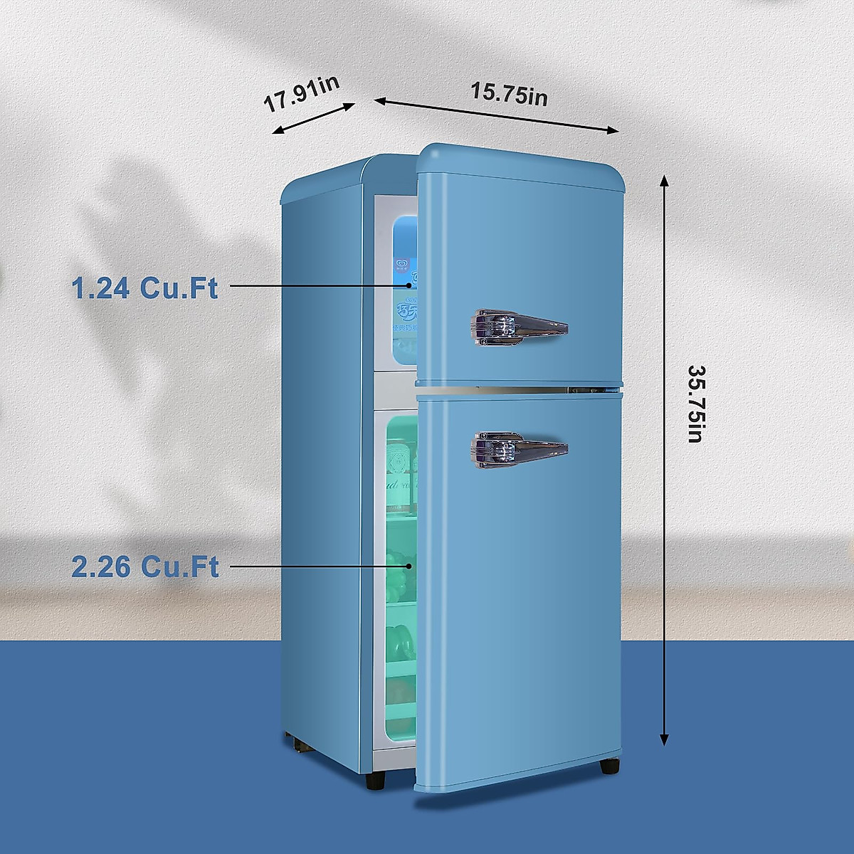 Fridge with Freezer Mini Retro Blue 3.5 Cu.ft Compact Refrigerator Small for Bedroom, Office, Dorm, RV, Apartment with Adjustable Mechanical Thermostat 2-Door Design