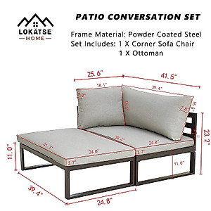 LOKATSE HOME 2 Piece Patio Furniture Conversation Set Outdoor Sectional Metal Steel Corner Sofa Armchiar Chair Couch with Ottoman, Grey